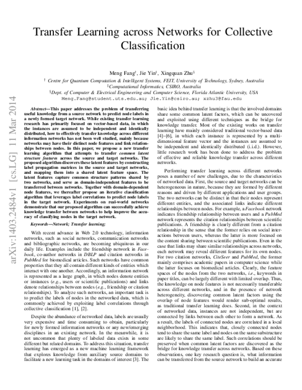 (PDF) Transfer Learning across Networks for Collective Classification