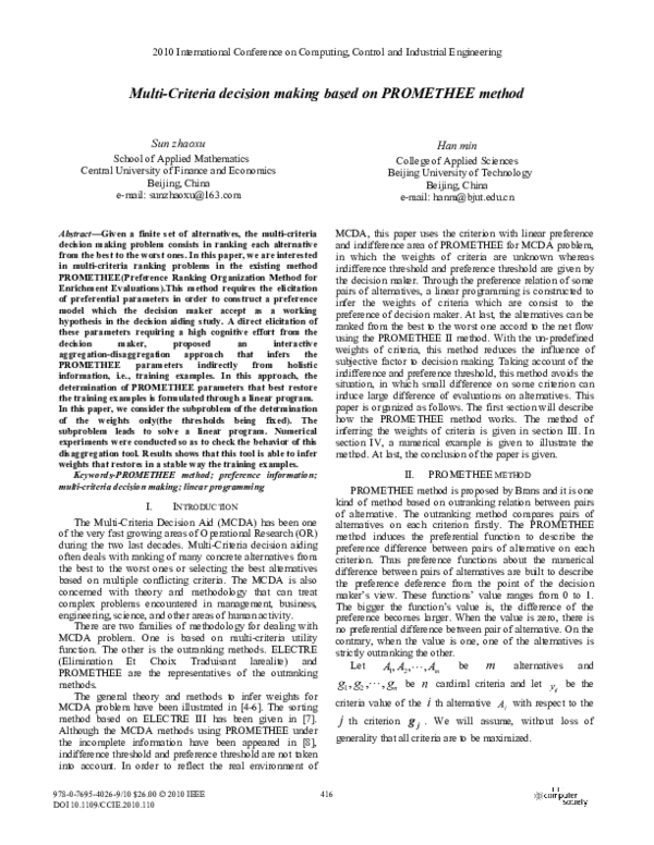 (PDF) Multi-criteria Decision Making Based on PROMETHEE Method
