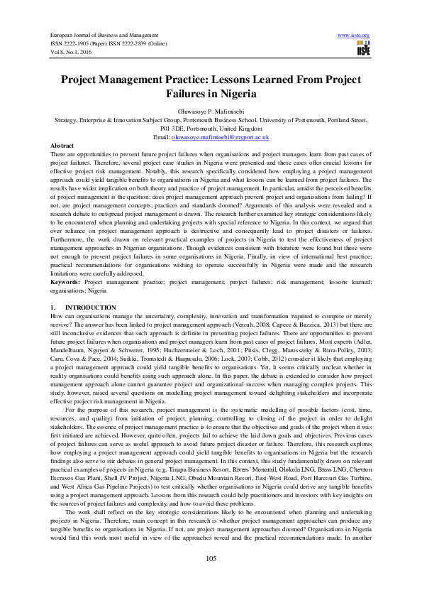 (PDF) Project Management Practice: Lessons Learned From Project ...