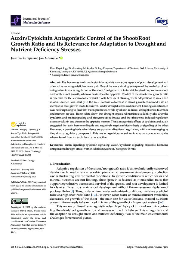 (PDF) Auxin/Cytokinin Antagonistic Control of the Shoot/Root Growth Ratio and Its Relevance for ...