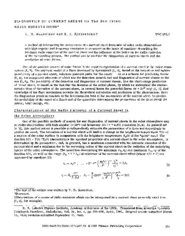 (PDF) Diagnostics of current sheets on the sun using radio observations