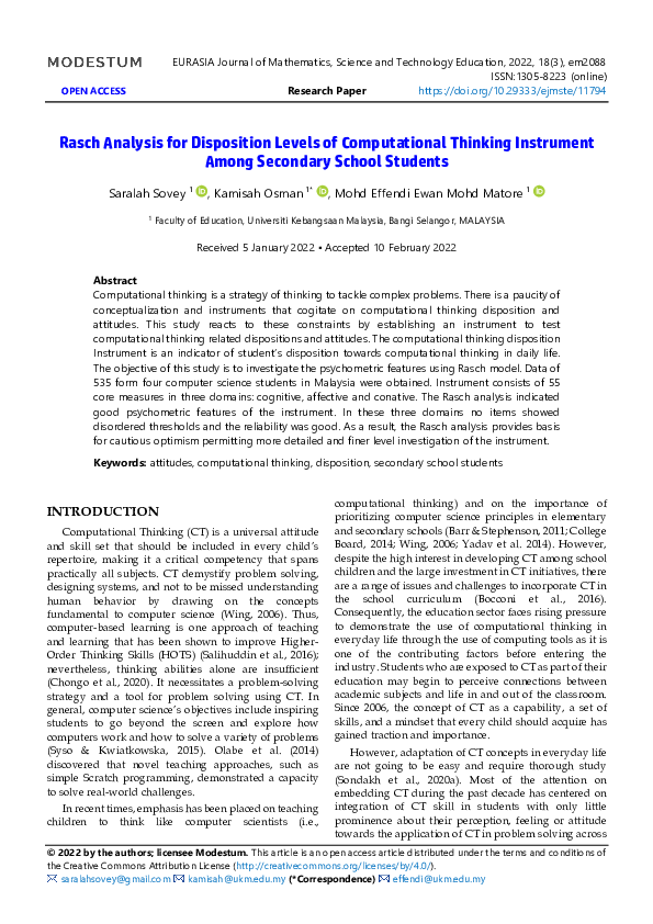 (PDF) Rasch Analysis for Disposition Levels of Computational Thinking Instrument Among Secondary ...