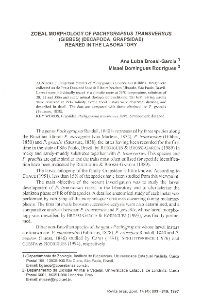 (PDF) Zoeal morphology of Pachygrapsus transversus (Gibbes) (Decapoda ...