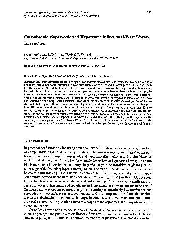 (PDF) On subsonic, supersonic and hypersonic inflectional-wave/vortex interaction