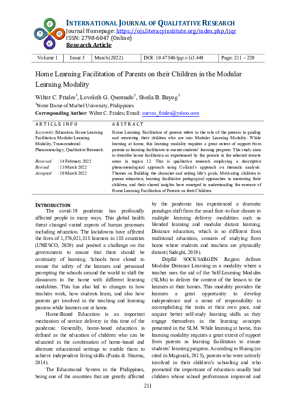 (PDF) Home Learning Facilitation of Parents on their Children in the ...