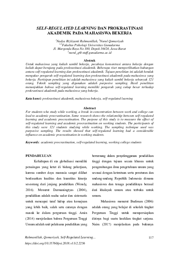 (PDF) Self-Regulated Learning Dan Prokrastinasi Akademik Pada Mahasiswa Bekerja