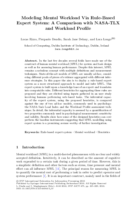Pdf Modeling Mental Workload Via Rule Based Expert System A Comparison With Nasa Tlx And