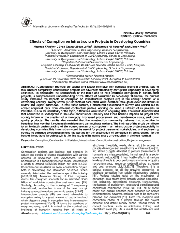 (PDF) Effects of Corruption on Infrastructure Projects in Developing ...