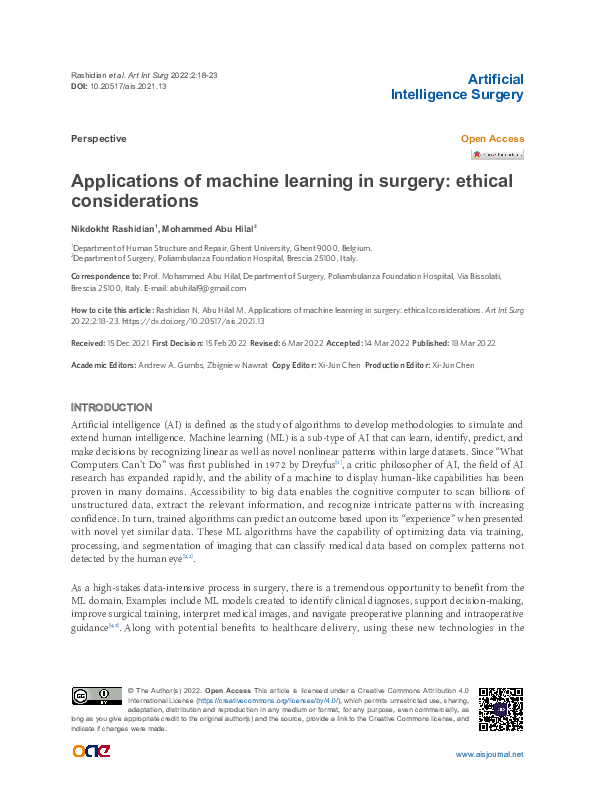 (PDF) Applications of machine learning in surgery: ethical considerations