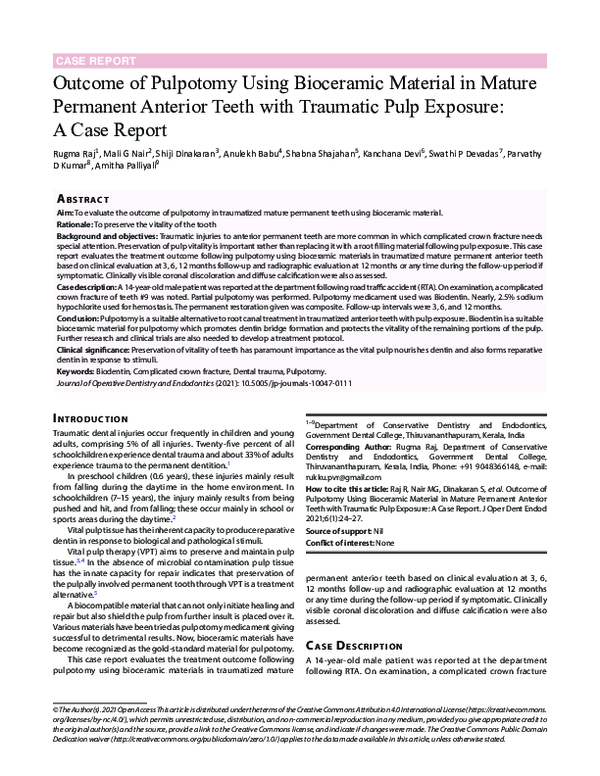 (PDF) Outcome of Pulpotomy Using Bioceramic Material in Mature ...