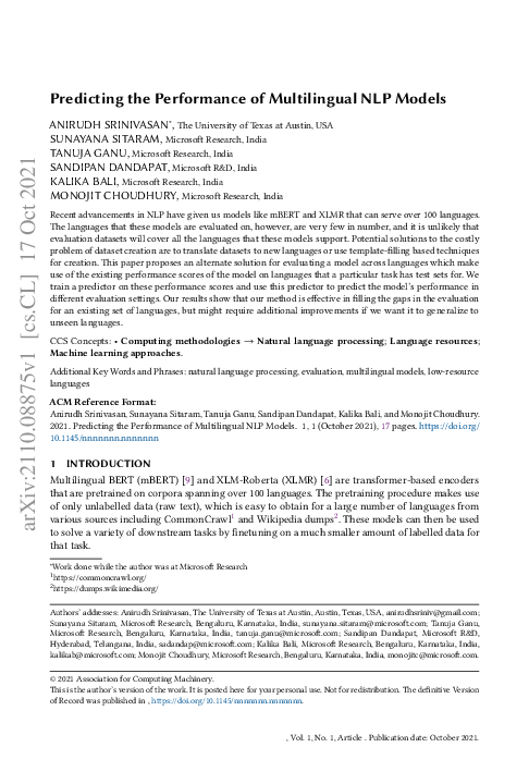 (PDF) Predicting the Performance of Multilingual NLP Models