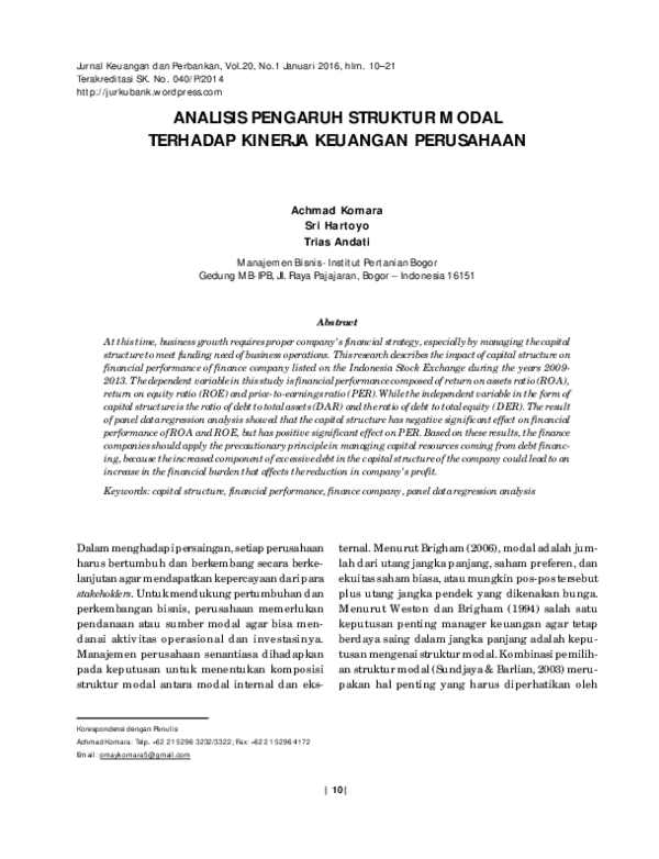(PDF) Analisis Pengaruh Struktur Modal Terhadap Kinerja Keuangan Perusahaan