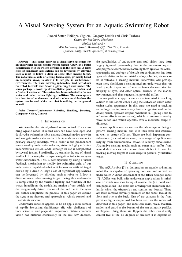 (PDF) A visual servoing system for an aquatic swimming robot