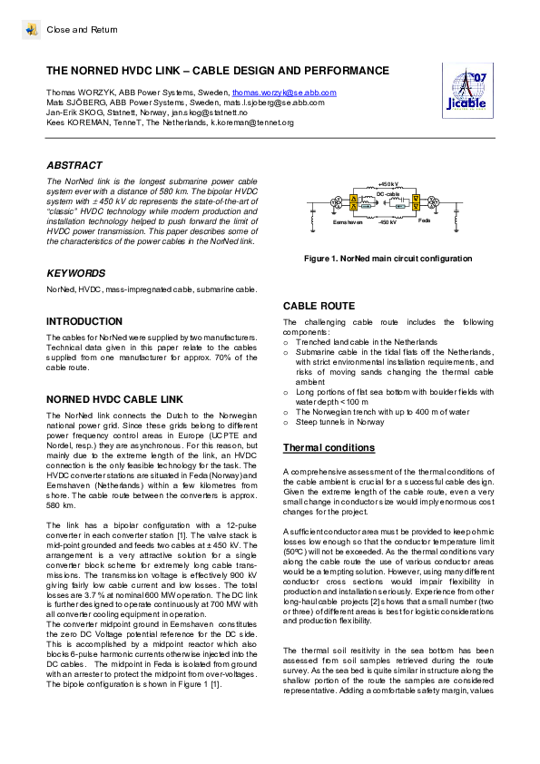 (PDF) The Norned HVDC Link – Cable Design and Performance