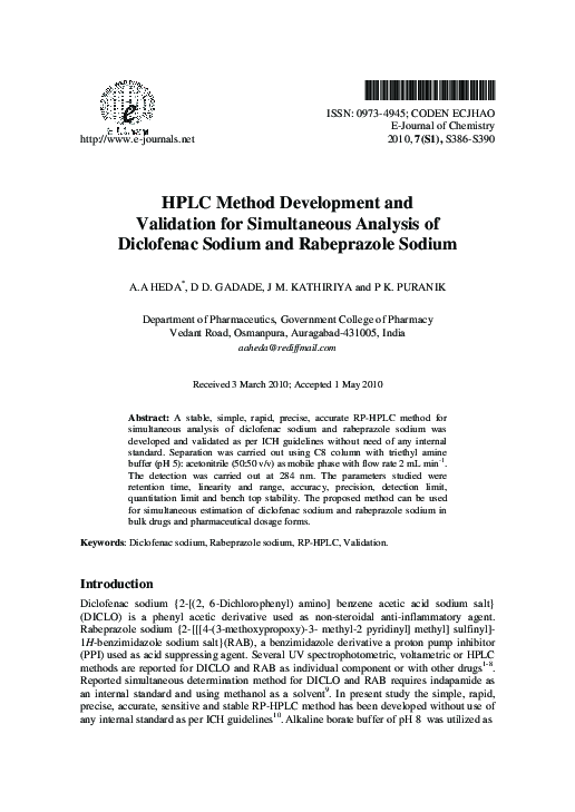 (PDF) HPLC Method Development and Validation for Simultaneous Analysis of Diclofenac Sodium and ...