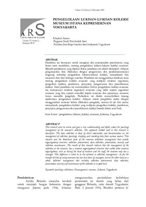 (PDF) Pengelolaan Lukisan-Lukisan Koleksi Museum Istana Kepresidenan Yogyakarta