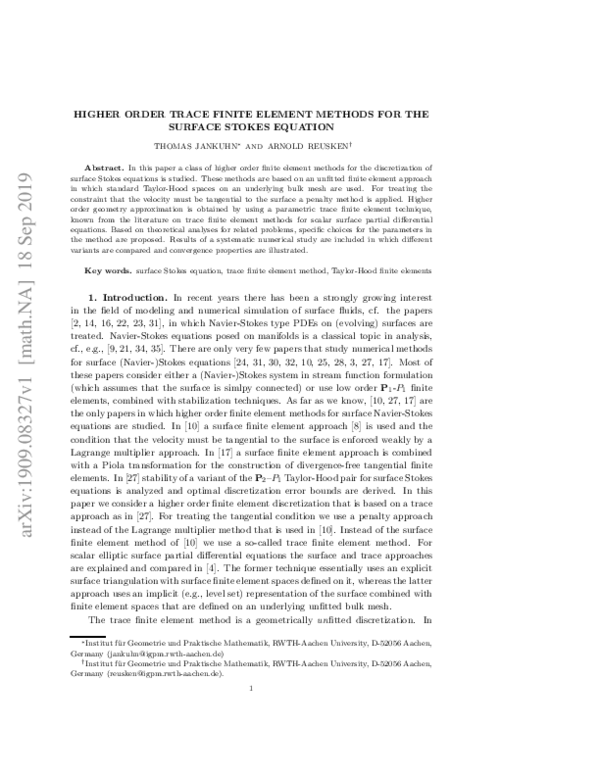 Pdf Higher Order Trace Finite Element Methods For The Surface Stokes Equation Arnold Reusken