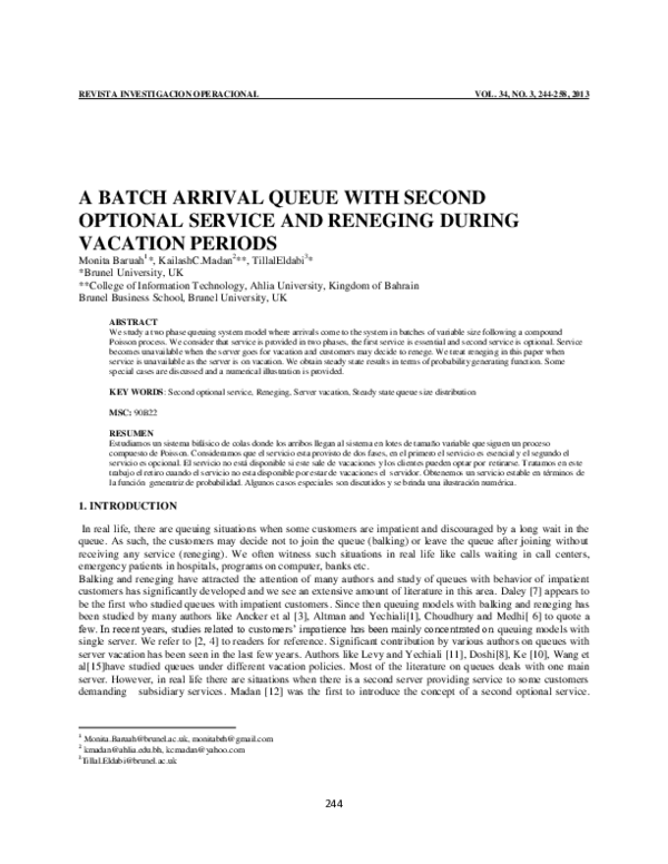 (PDF) A Batch Arrival Queue with Second Optional Service and Reneging During Vacation Periods