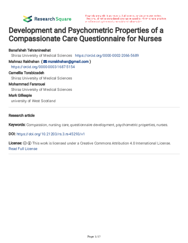 (PDF) Development and Psychometric Properties of a Compassionate Care ...