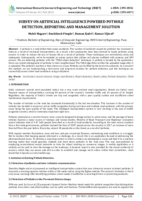 (PDF) SURVEY ON ARTIFICIAL INTELLIGENCE POWERED POTHOLE DETECTION ...