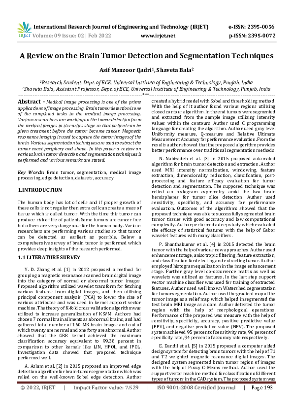 Pdf A Review On The Brain Tumor Detection And Segmentation Techniques