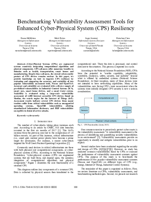 (PDF) Benchmarking Vulnerability Assessment Tools for Enhanced Cyber-Physical System (CPS ...