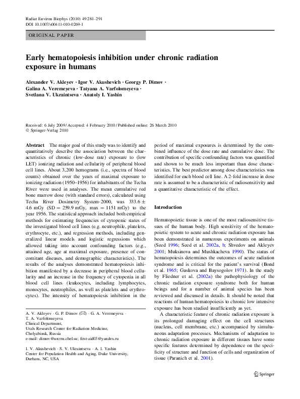 (PDF) Early Hematopoietic Effects of Chronic Radiation Exposure in Humans