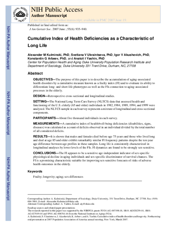 (PDF) Cumulative Index of Health Deficiencies as a Characteristic of ...