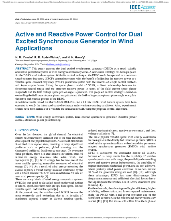 (PDF) Active and Reactive Power Control for Dual Excited Synchronous Generator in Wind Applications