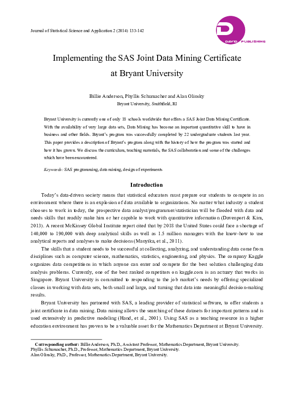 (PDF) Implementing the SAS Joint Data Mining Certificate at Bryant ...
