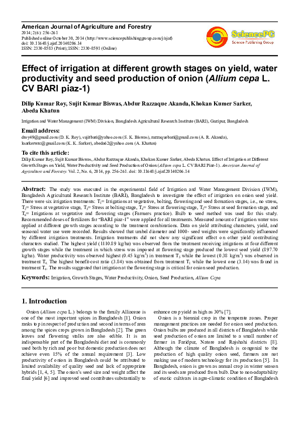 (PDF) Effect of Irrigation at Different Growth Stages on Yield, Water Productivity and Seed ...