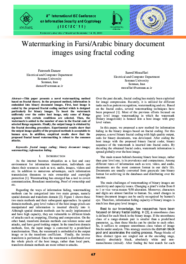 (PDF) Watermarking in Farsi/Arabic binary document images using fractal coding | fatemeh daraee ...
