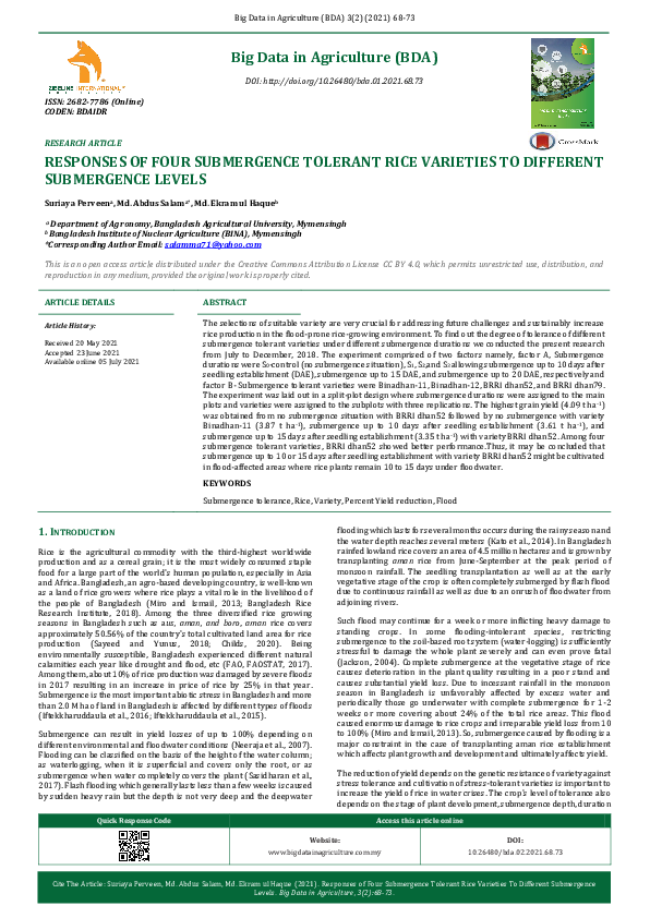 (PDF) Responses of Four Submergence Tolerant Rice Varieties to ...