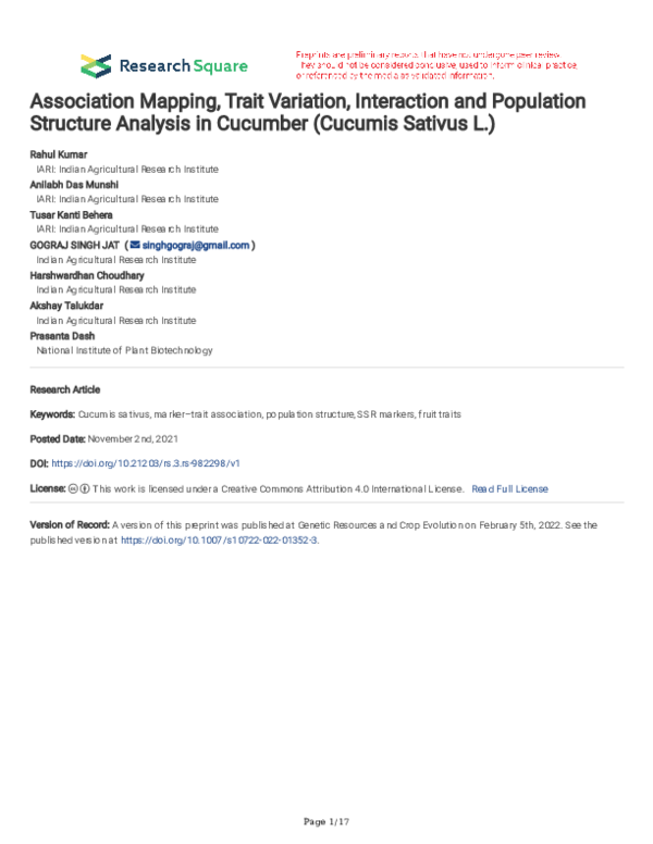 (PDF) Association Mapping of Fruit Traits in Cucumber Genotypes