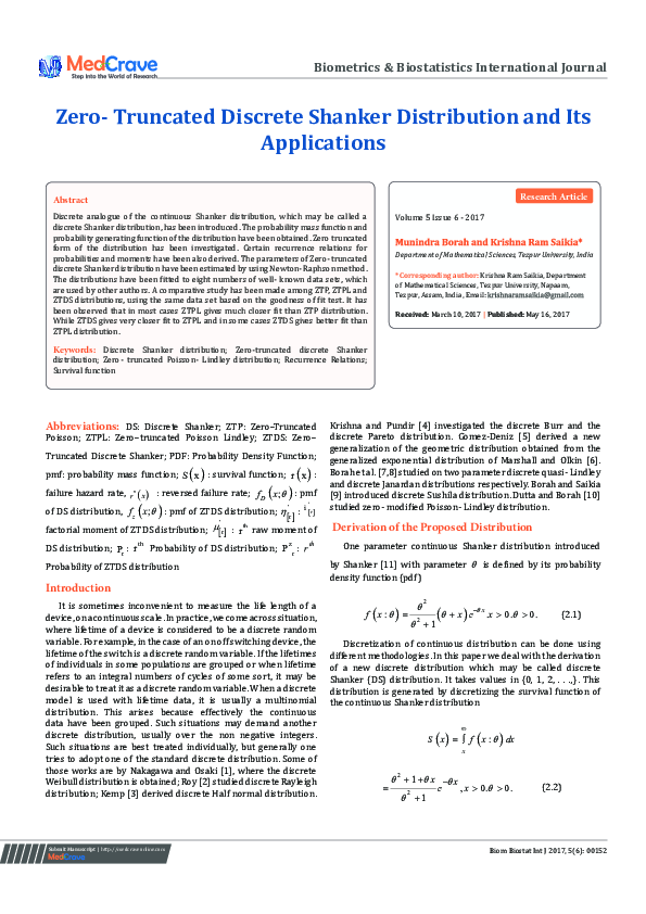 Pdf Zero Truncated Discrete Shanker Distribution And Its Applications