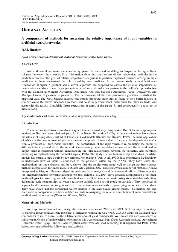 Pdf A Comparison Of Methods For Assessing The Relative Importance Of Input Variables In