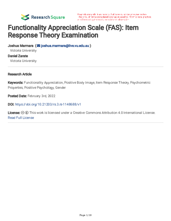 (PDF) Functionality Appreciation Scale (FAS): Item Response Theory ...