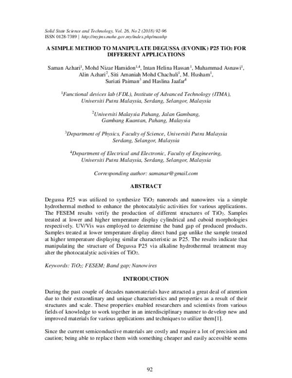 (PDF) A SIMPLE METHOD TO MANIPULATE DEGUSSA (EVONIK) P25 TiO2 FOR ...