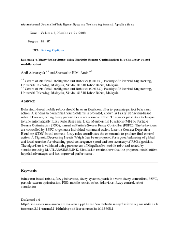 Pdf Learning Of Fuzzy Behaviours Using Particle Swarm Optimisation In Behaviour Based Mobile