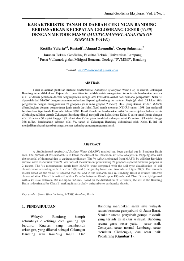 (PDF) KARAKTERISTIK TANAH DI DAERAH CEKUNGAN BANDUNG BERDASARKAN KECEPATAN GELOMBANG GESER (Vs30 ...