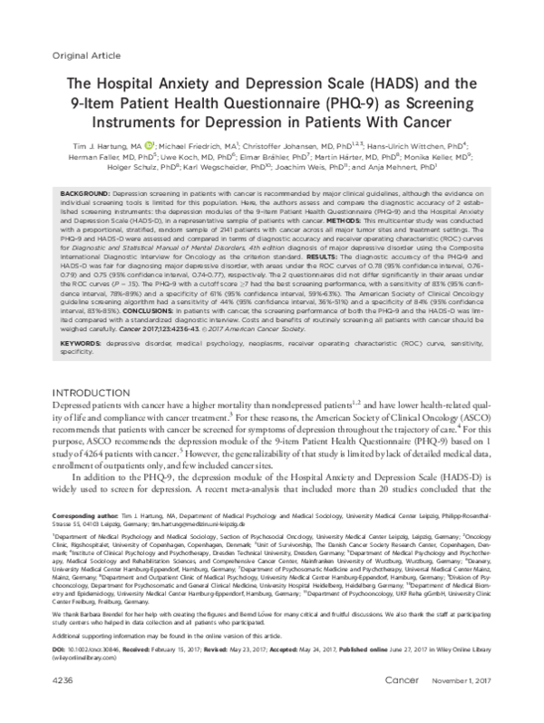 (PDF) The Hospital Anxiety and Depression Scale (HADS) and the 9-item ...