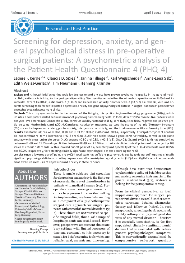 (PDF) Screening for depression, anxiety, and general psychological ...
