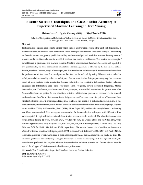 Pdf Feature Selection Techniques And Classification Accuracy Of Supervised Machine Learning In