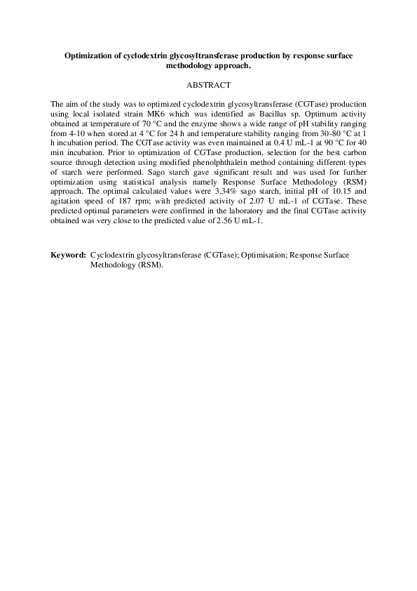 (PDF) Optimization of Cyclodextrin Glycosyltransferase Production by Response Surface ...