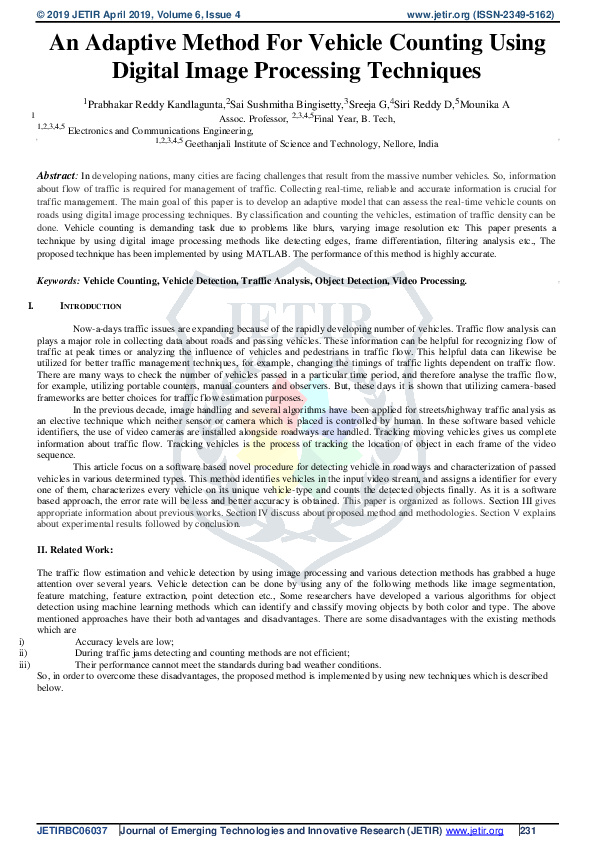 (PDF) An Adaptive Method For Vehicle Counting Using Digital Image Processing Techniques