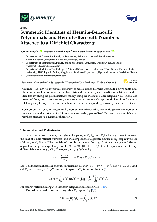 Pdf Symmetric Identities Of Hermite Bernoulli Polynomials And Hermite Bernoulli Numbers