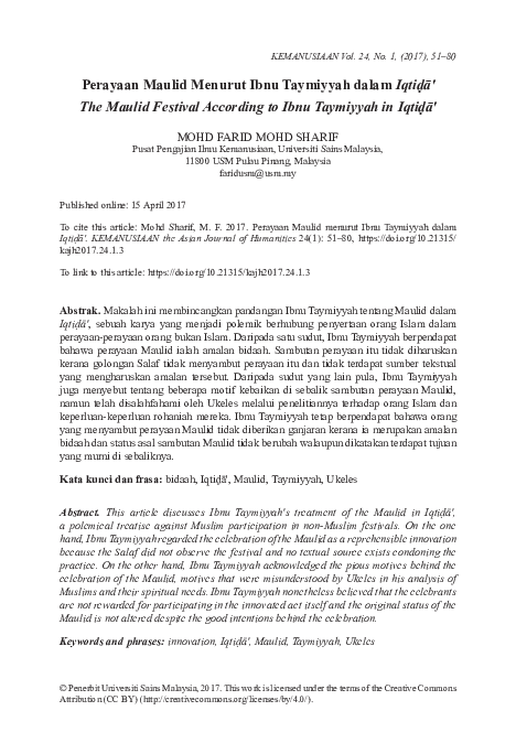 (PDF) Perayaan Maulid Menurut Ibnu Taymiyyah dalam Iqtiḍā | Mohd Farid ...