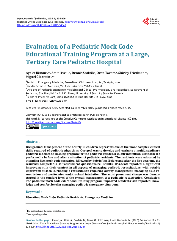 (PDF) Evaluation of a Pediatric Mock Code Educational Training Program at a Large, Tertiary Care ...