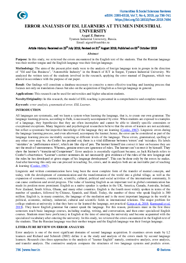 (PDF) Error Analysis: The ESL Learners’ Dilemma