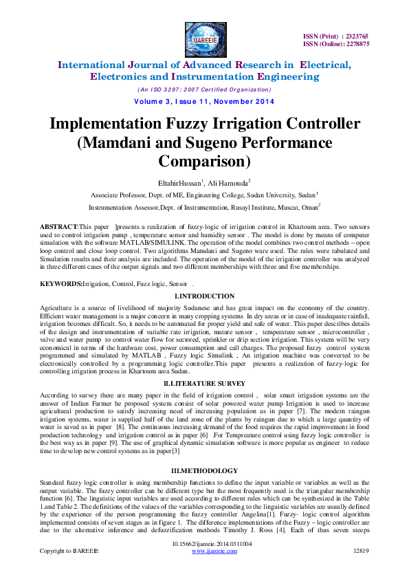 (PDF) Implementation Fuzzy Irrigation Controller(Mamdani and Sugeno PerformanceComparison) | Ali ...